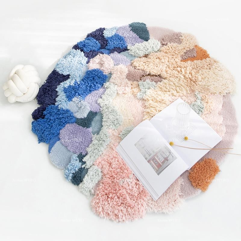 Tapis Rond Contemporain Mousse Bleue Lichen Rose Velours 3D Original